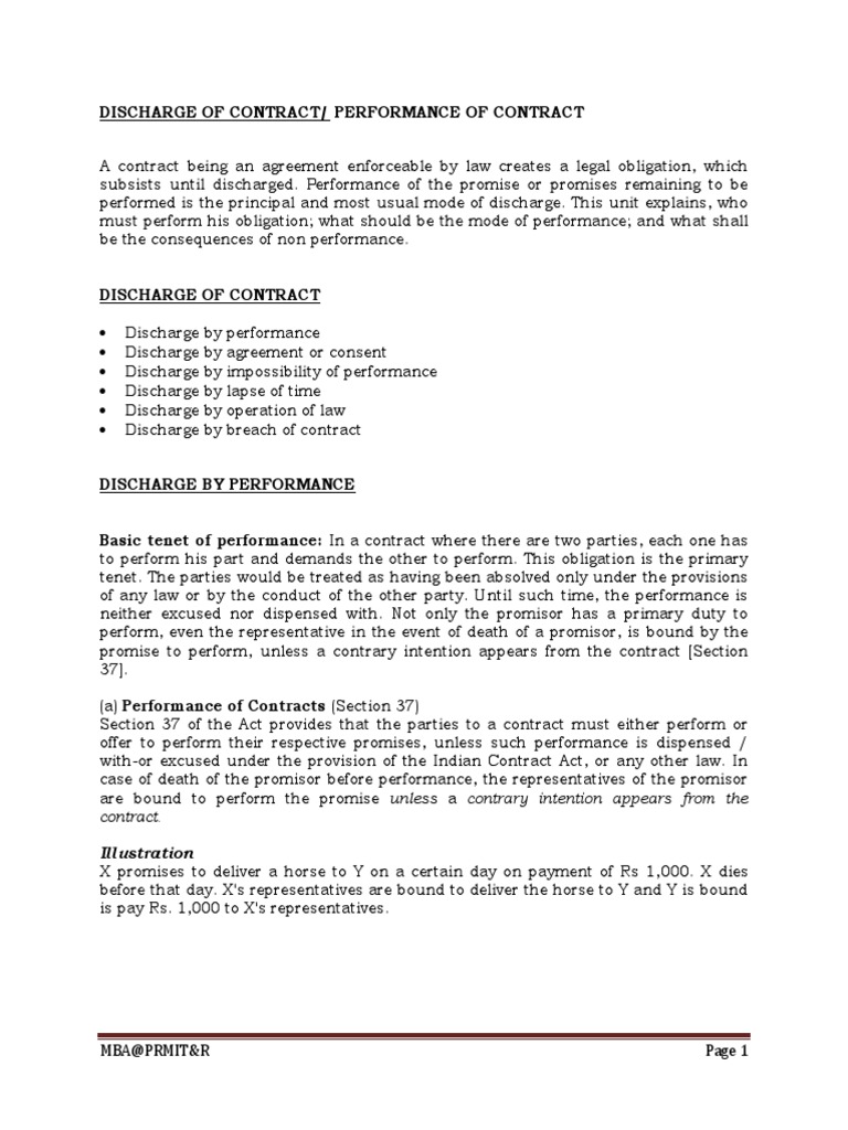 Discharge of Contract/ Performance of Contract | Download Free PDF ...