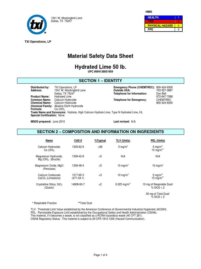 MSDS - TX Lime - Hydrated Lime | PDF | Magnesium | Silicon Dioxide