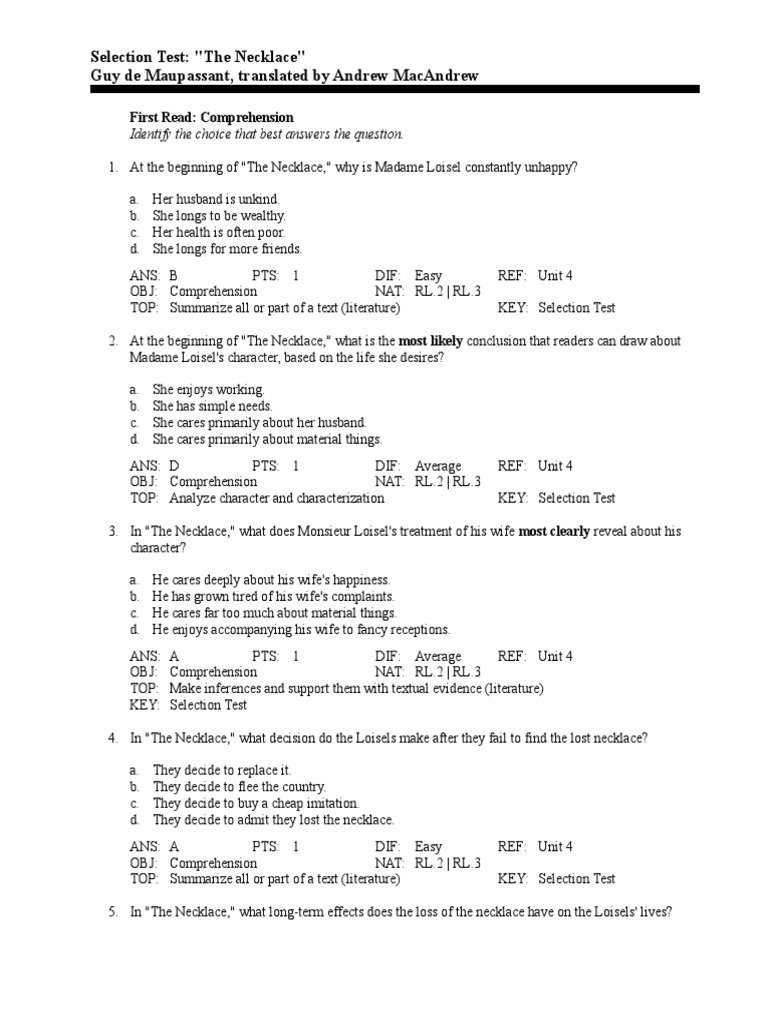 Selection Test: "The Necklace" Guy de Maupassant, Translated by Andrew ...