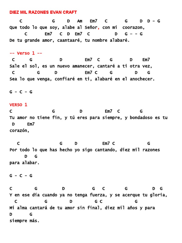 Acordes "Diez Mil Razones" Evan Craft | PDF