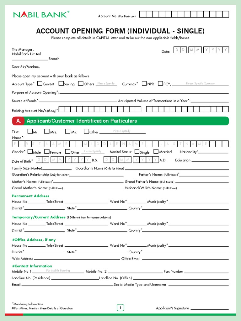 Account Opening Form (Individual - Single) : A. Applicant/Customer ...