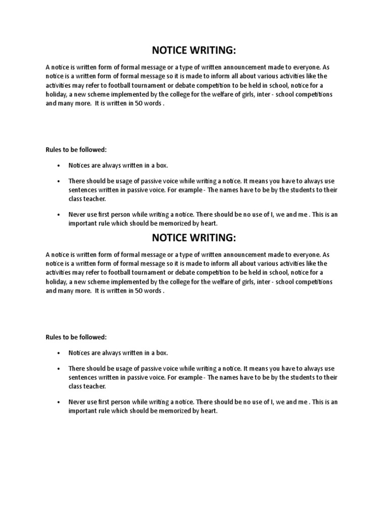 Notice Writing:: Rules To Be Followed | PDF | Career & Growth