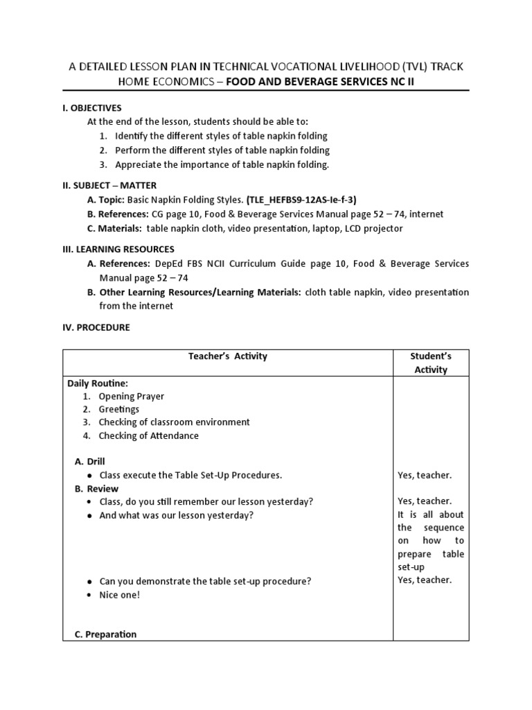 A Detailed Lesson Plan in Technical Vocational Livelihood (TVL) Track Home Economics - Food and ...