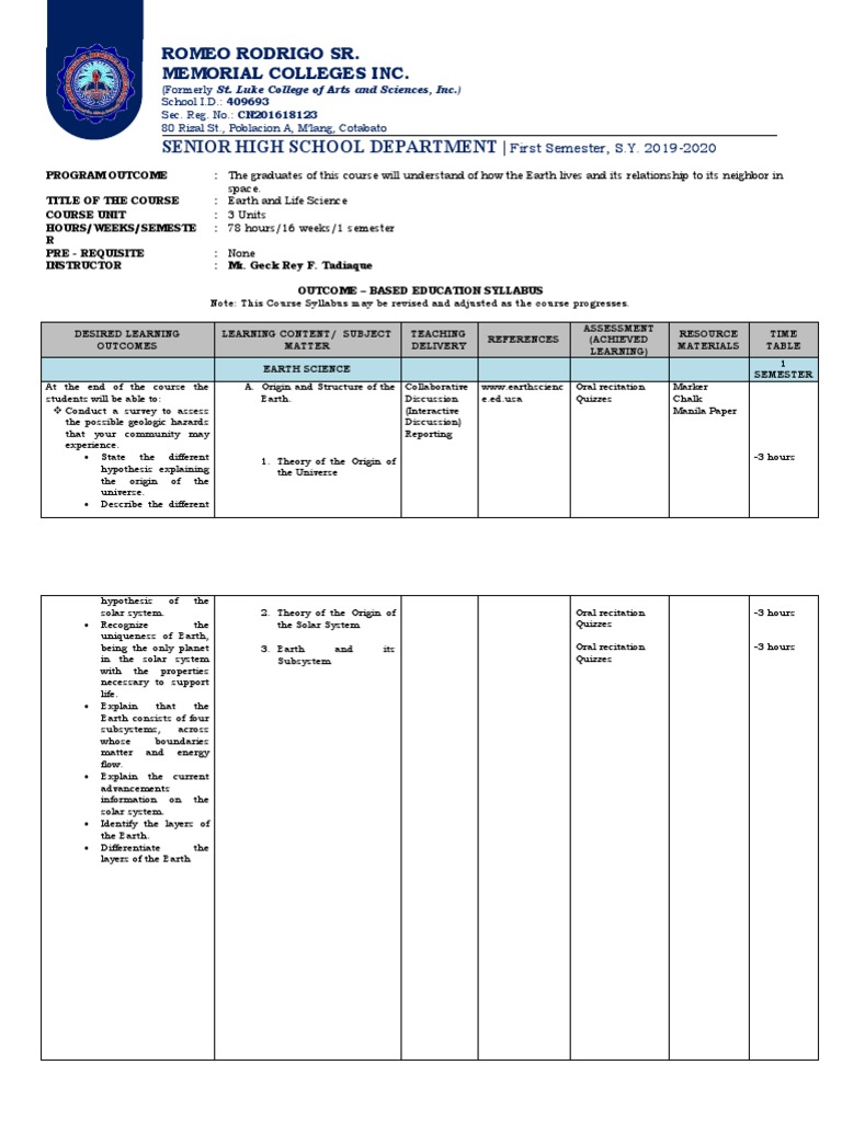 EES Syllabus-OBE Template | PDF | Rock (Geology) | Photosynthesis