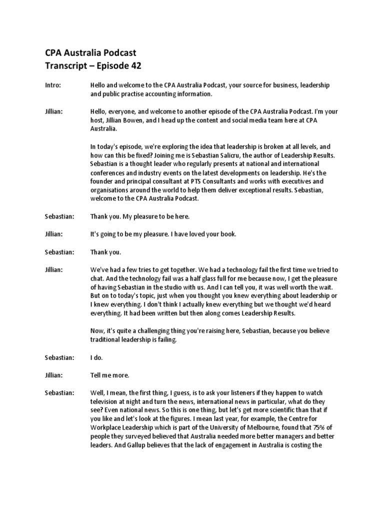 CPA Australia Podcast Transcript - Episode 42 | PDF | Leadership | Gender