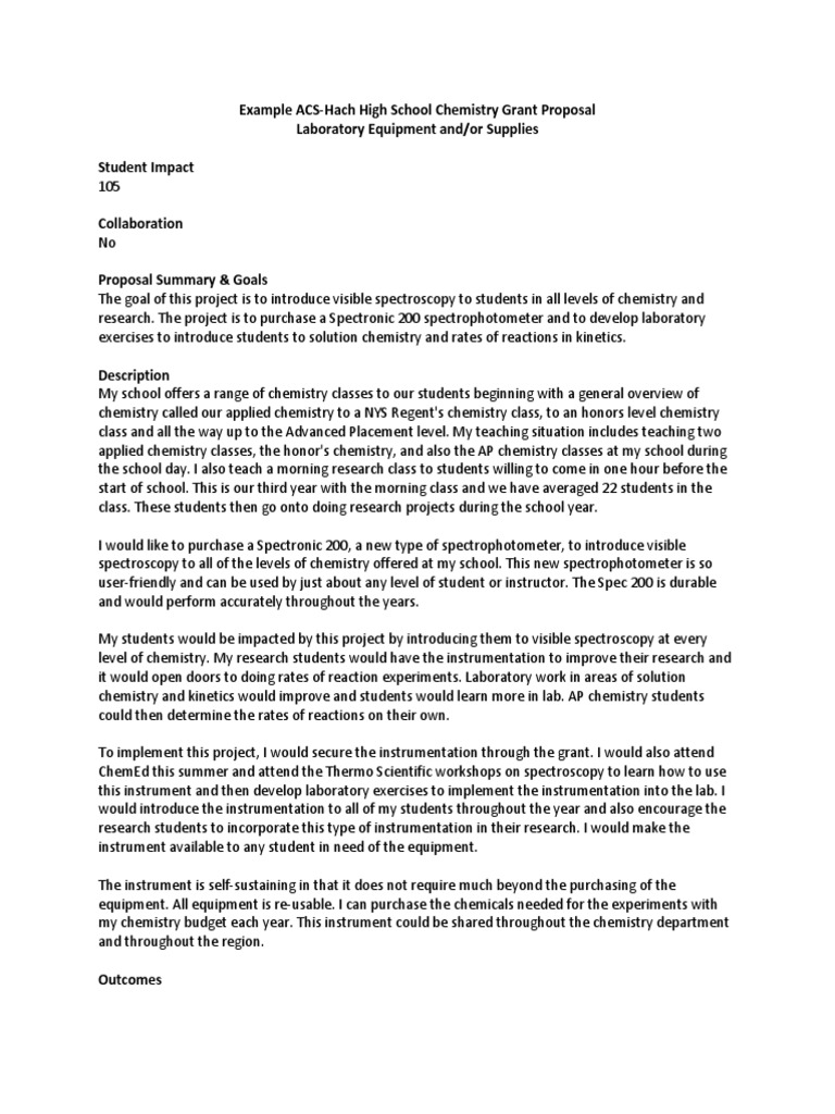 Example ACS-Hach High School Chemistry Grant Proposal Laboratory ...