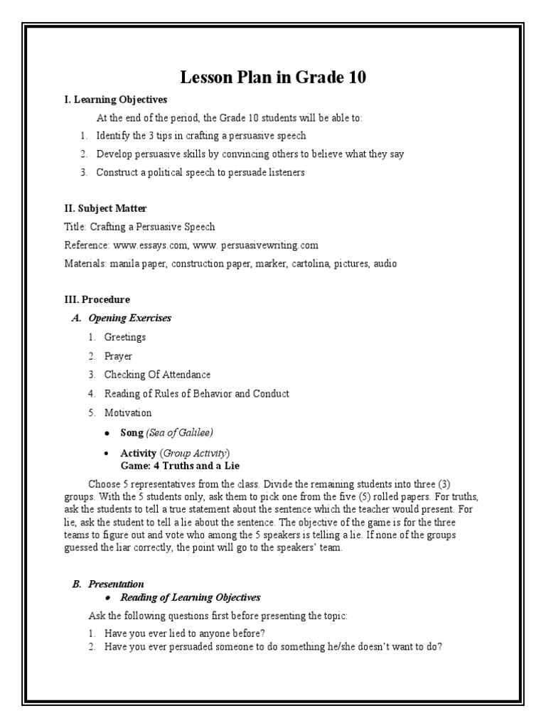 Lesson Plan in Grade 10: I. Learning Objectives | PDF | Lie | Persuasion