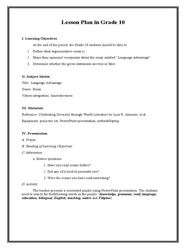 Lesson Plan in Grade 10 Essay | PDF | Essays | Lesson Plan