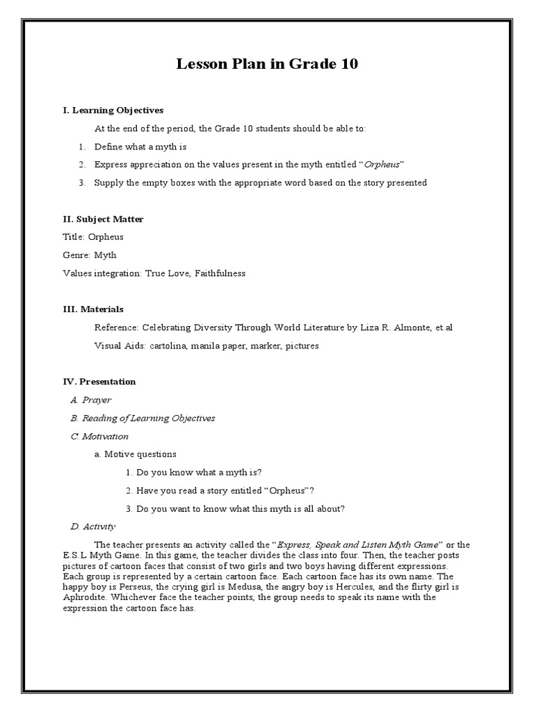 Lesson Plan in Grade 10 Myth | PDF | Orpheus | Hades