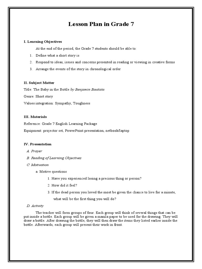 Lesson Plan in Grade 7 Short Story | Download Free PDF | Lesson Plan ...