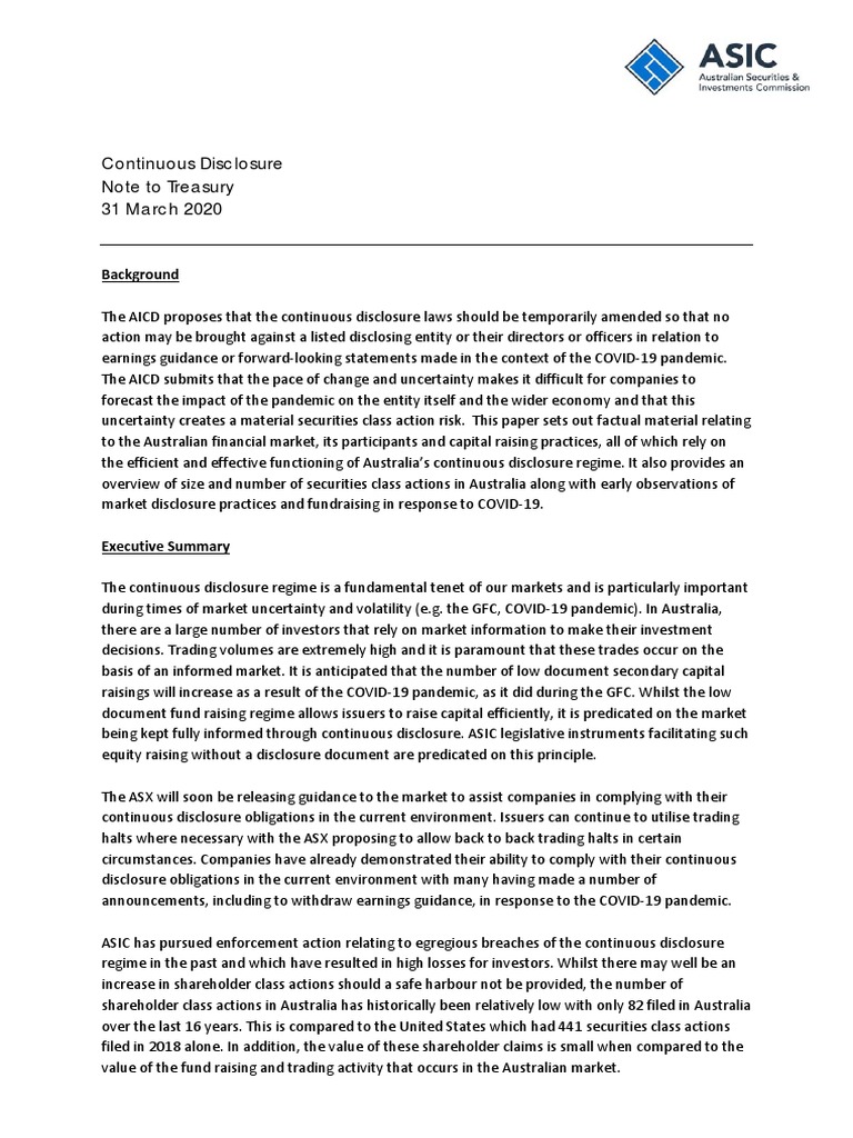 Continuous Disclosure Note to Treasury 31 March 2020: Background ...