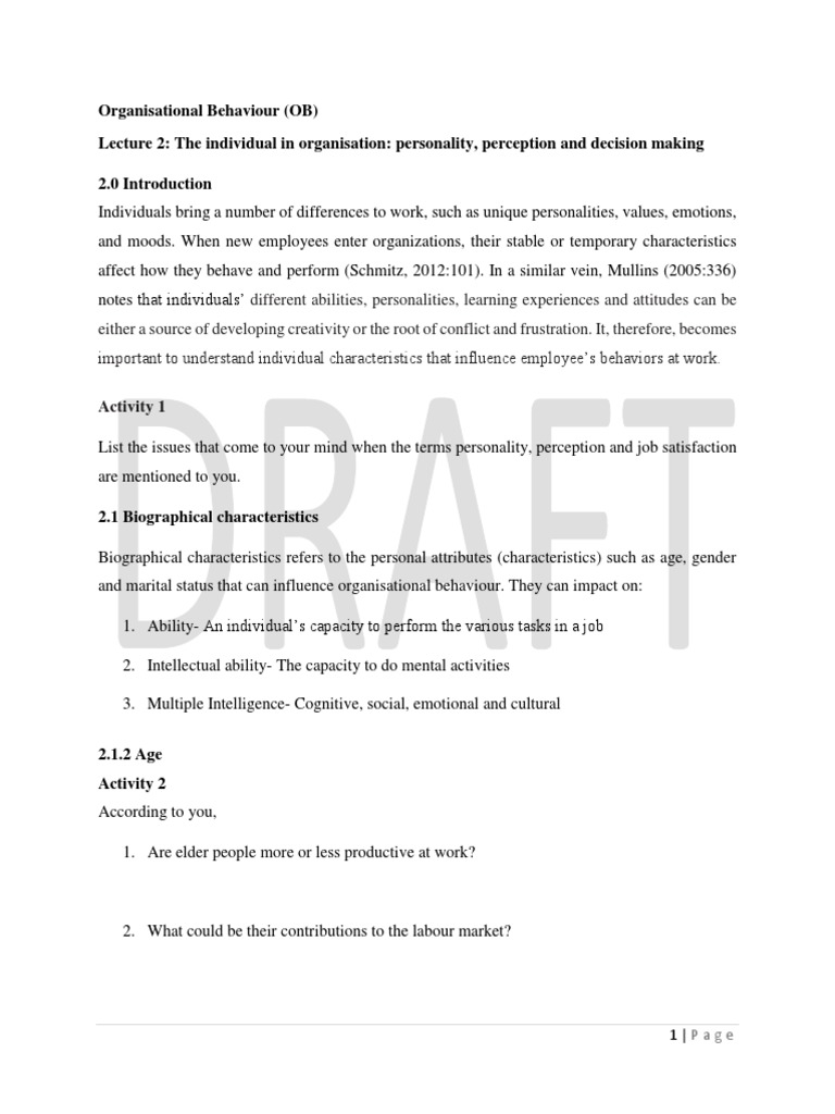 Draft (18.04.20) Lecture 2 (Main) Organisational Behaviour | PDF ...