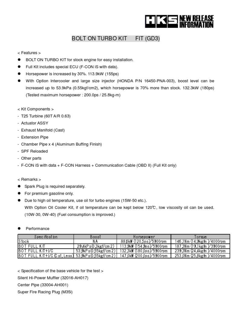 Bolt On Turbo Kit for Honda Fit GD3 | PDF | Turbocharger | Machines