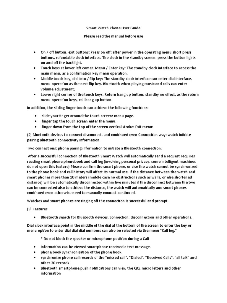 Smart Watch Phone User Guide | PDF | Smartphone | Bluetooth