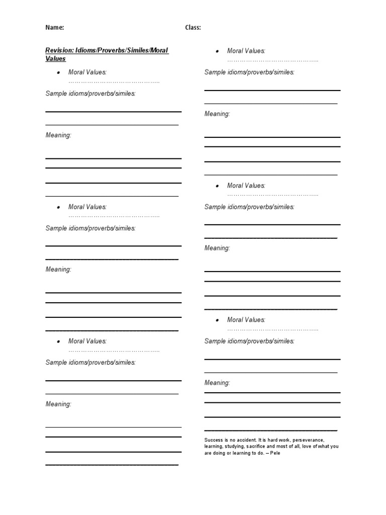 Name: Class:: Revision: Idioms/Proverbs/Similes/Moral Values | PDF ...