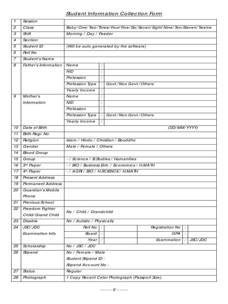 Student Information Collection Form: RD TH | PDF
