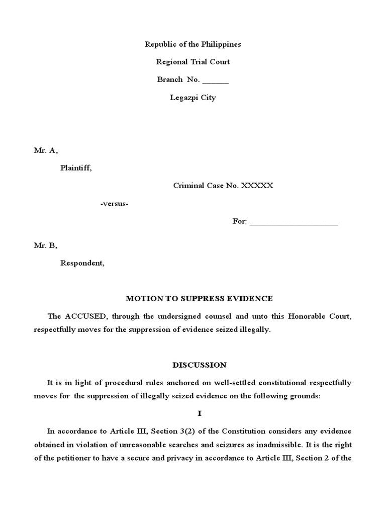Motion To Suppress Evidence | Download Free PDF | Search And Seizure ...