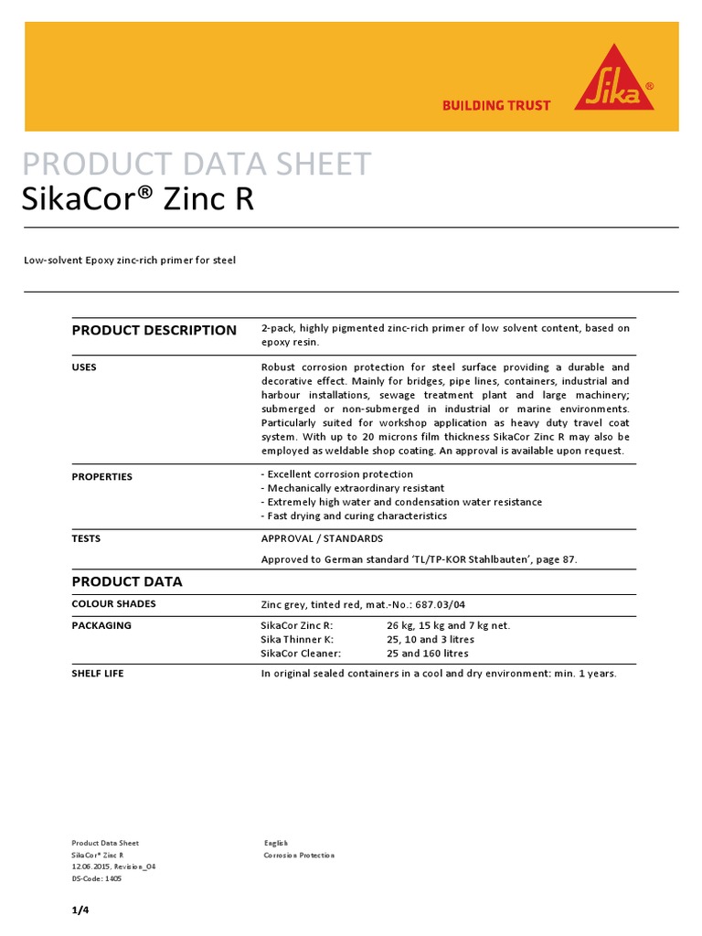 Product Data Sheet: Sikacor® Zinc R | PDF | Volatile Organic Compound ...