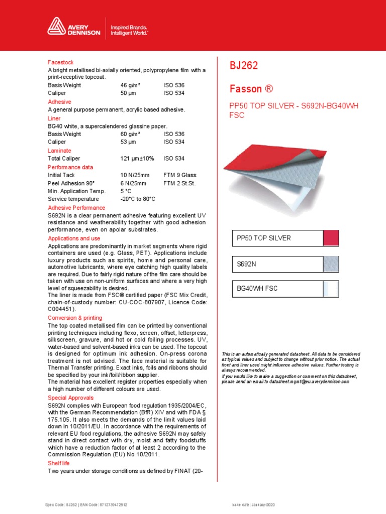 BJ262 Fasson ®: Pp50 Top Silver - S692N-Bg40Wh FSC | Download Free PDF ...
