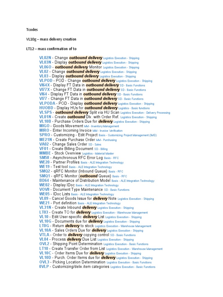 Tcodes VL10g - Mass Delivery Creation LT12 - Mass Confirmation of To ...
