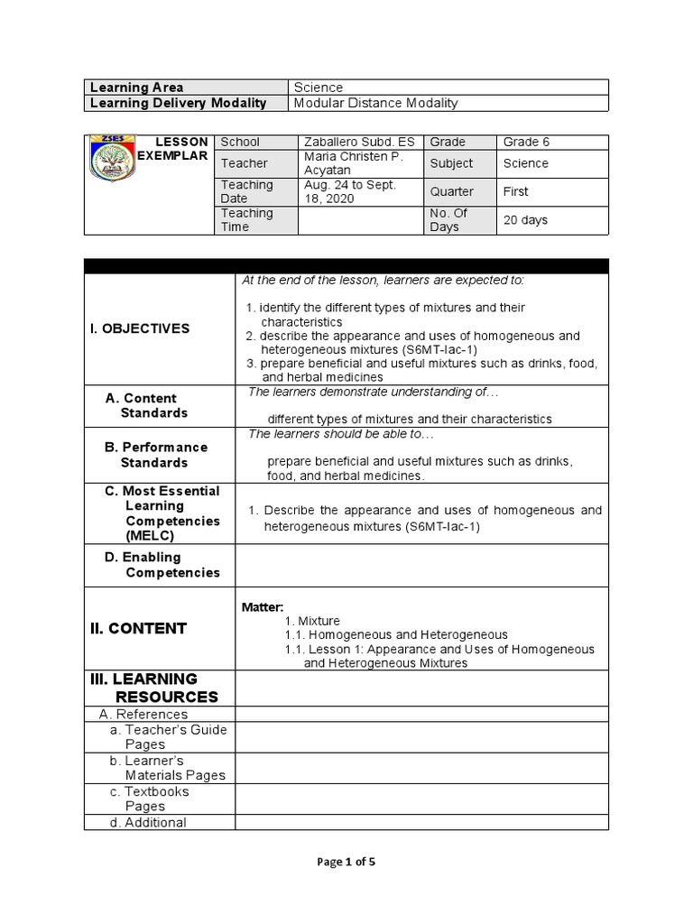 Science 6-Q1-Lesson 1-Week 1 To 4 | PDF | Suspension (Chemistry) | Mixture