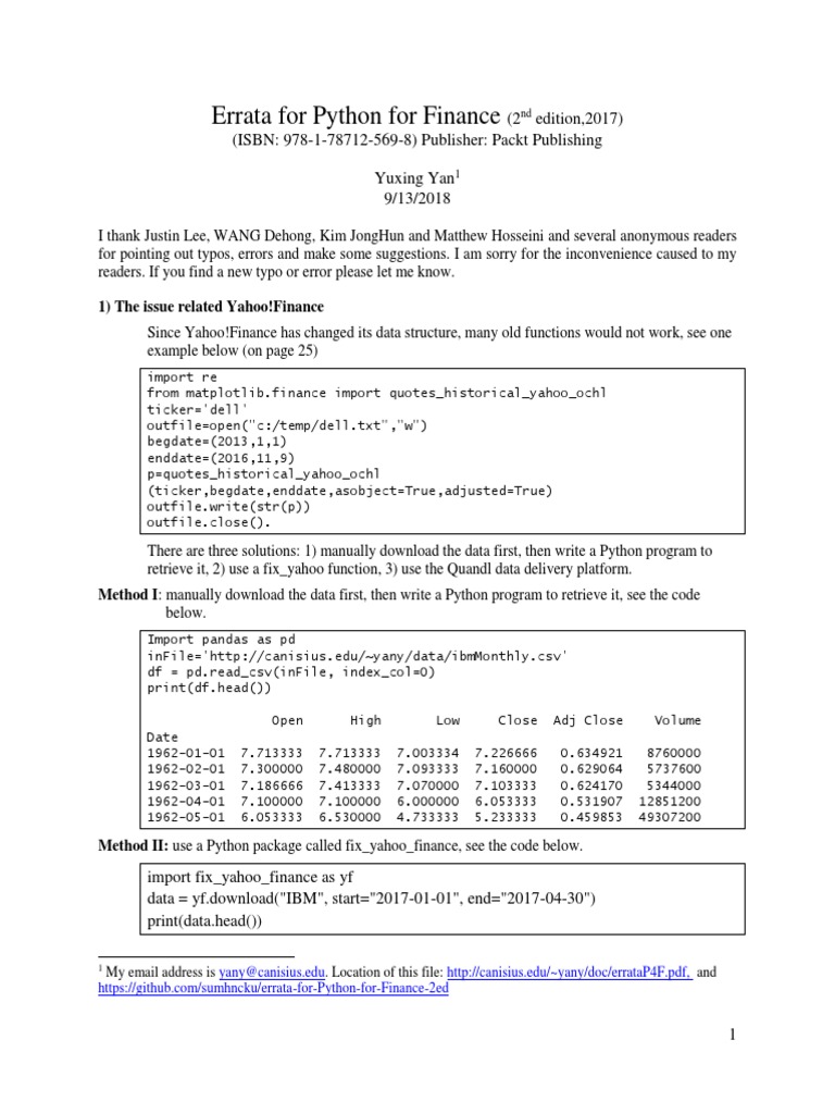 Errata For Python For Finance | Download Free PDF | Directory ...