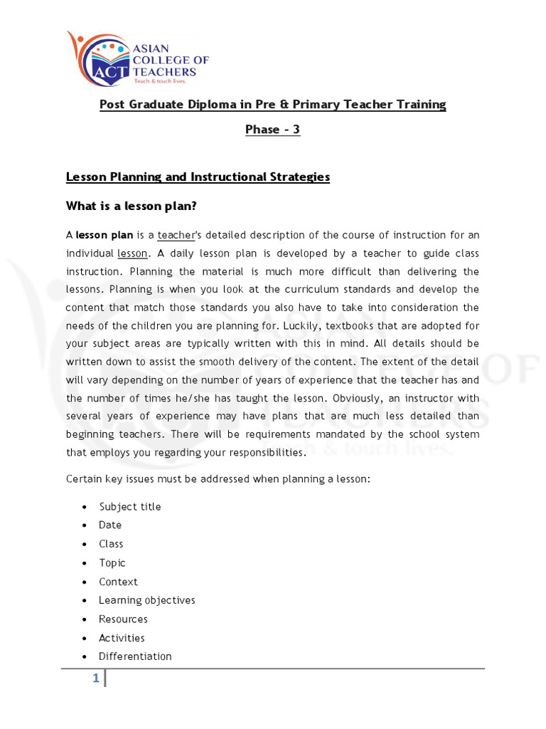 Post Graduate Diploma in Pre & Primary Teacher Training Phase - 3 | PDF ...