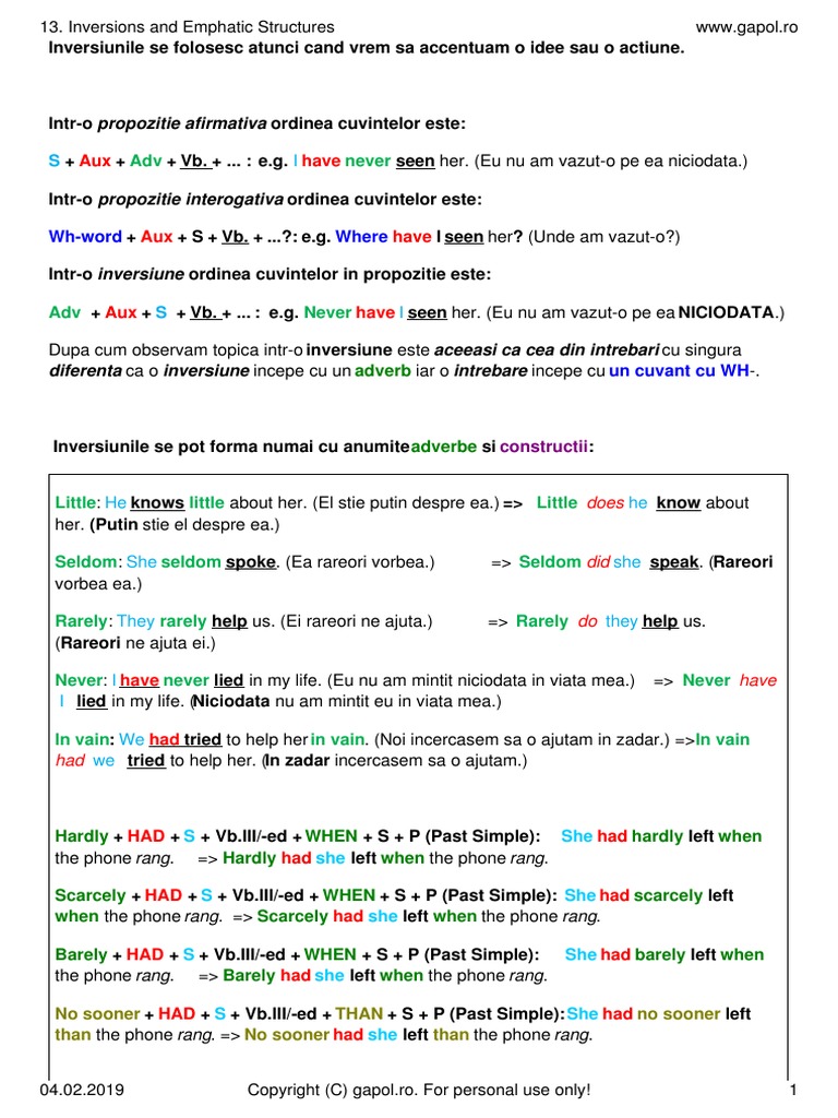 13 Inversions and Emphatic Structures | PDF | Language Mechanics | Syntax