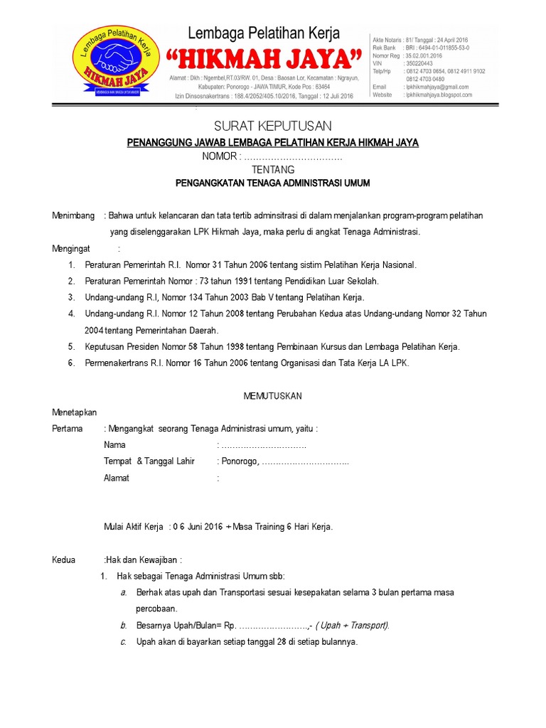 S7.3.b Contoh SK Pegawai LPK | PDF