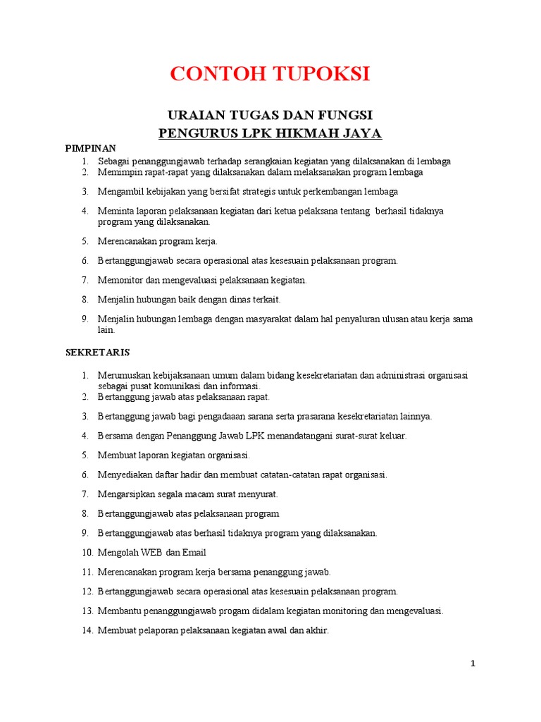 S7 Contoh TUPOKSI Lembaga | PDF