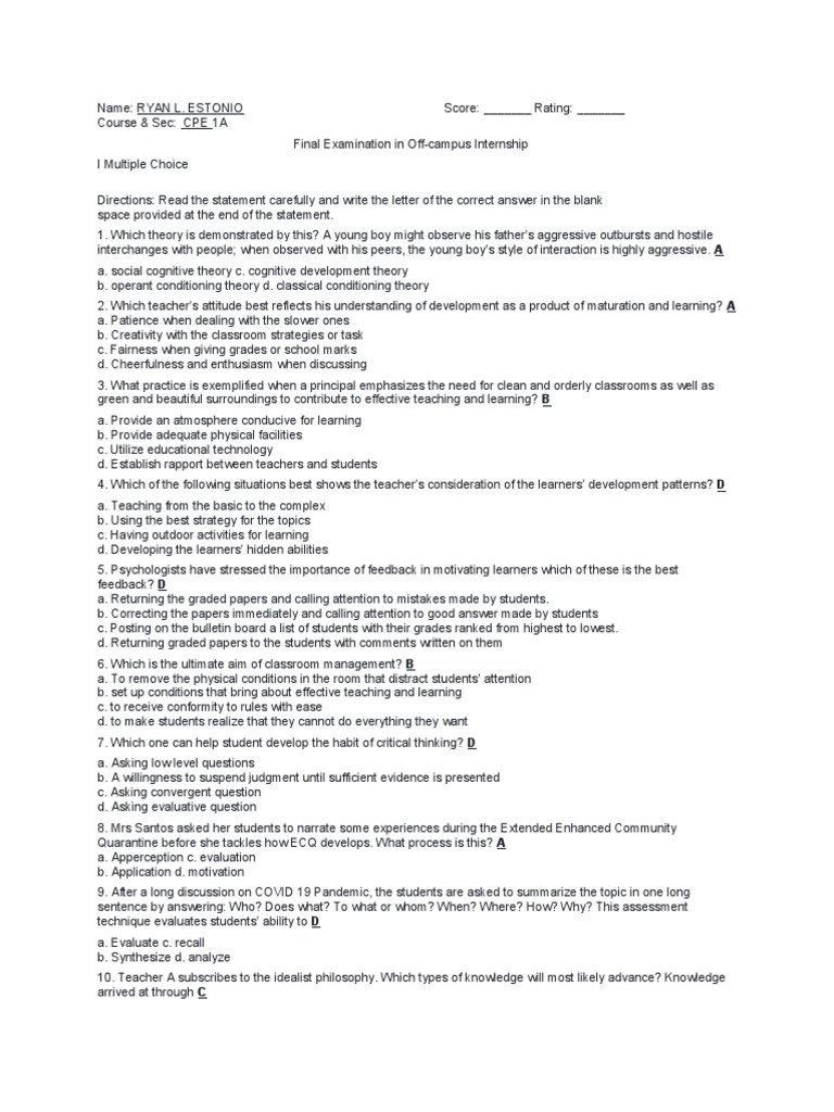 Estonio, RL-CPE Final Exam | PDF | Educational Assessment | Teachers