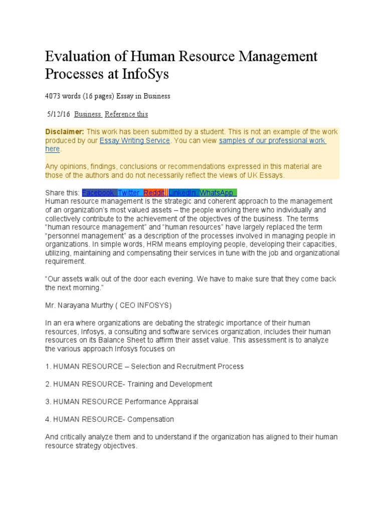 Evaluation of Human Resource Management Processes at Infosys | PDF | Performance Appraisal ...