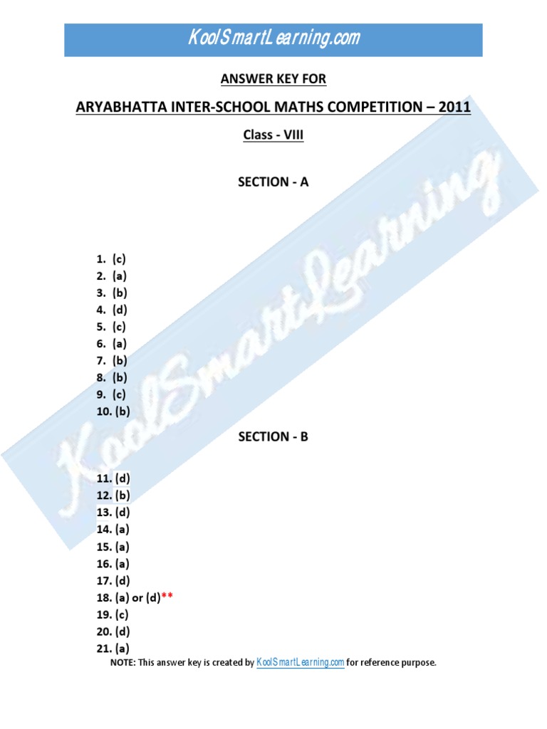 Aryabhatta Inter-School Maths Competition - 2011: Answer Key For | PDF