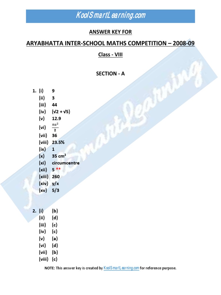 Aryabhatta Inter-School Maths Competition - 2008-09: Answer Key For | PDF