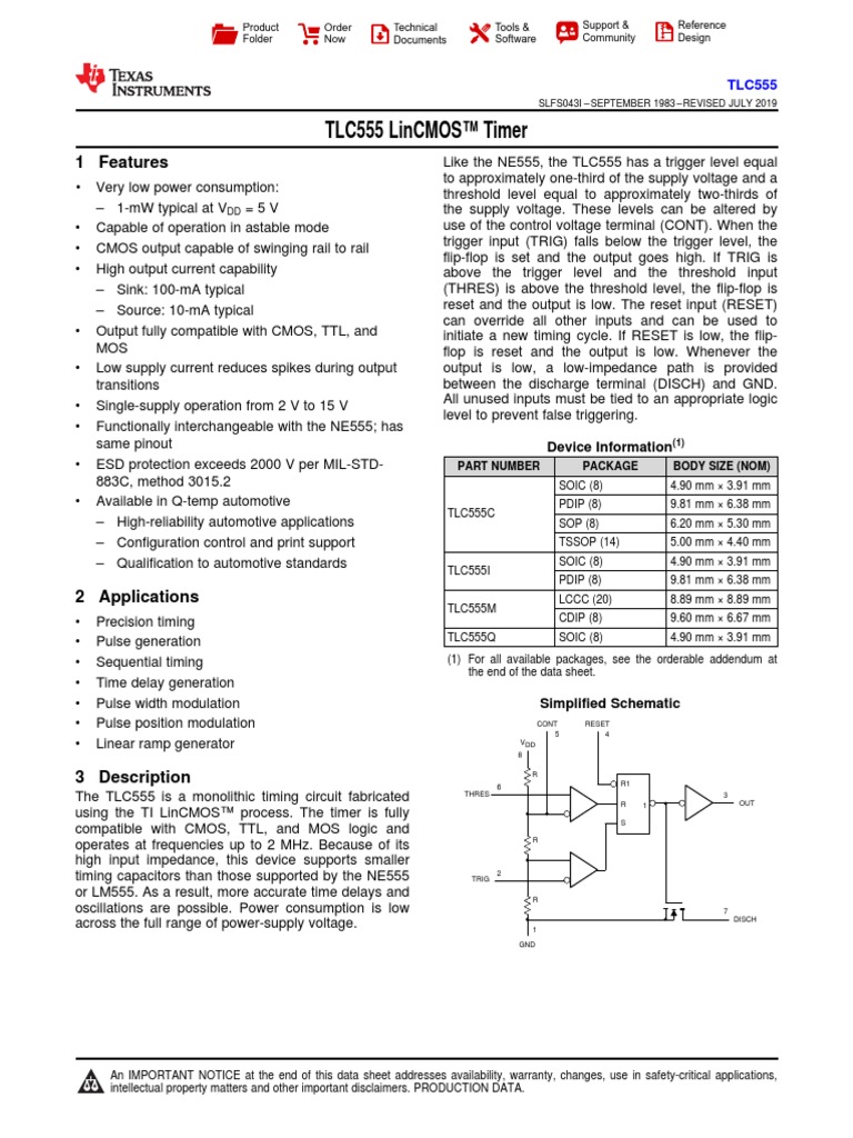 Tlc555 Lincmos™ Timer: 1 Features | PDF | Electronic Circuits ...
