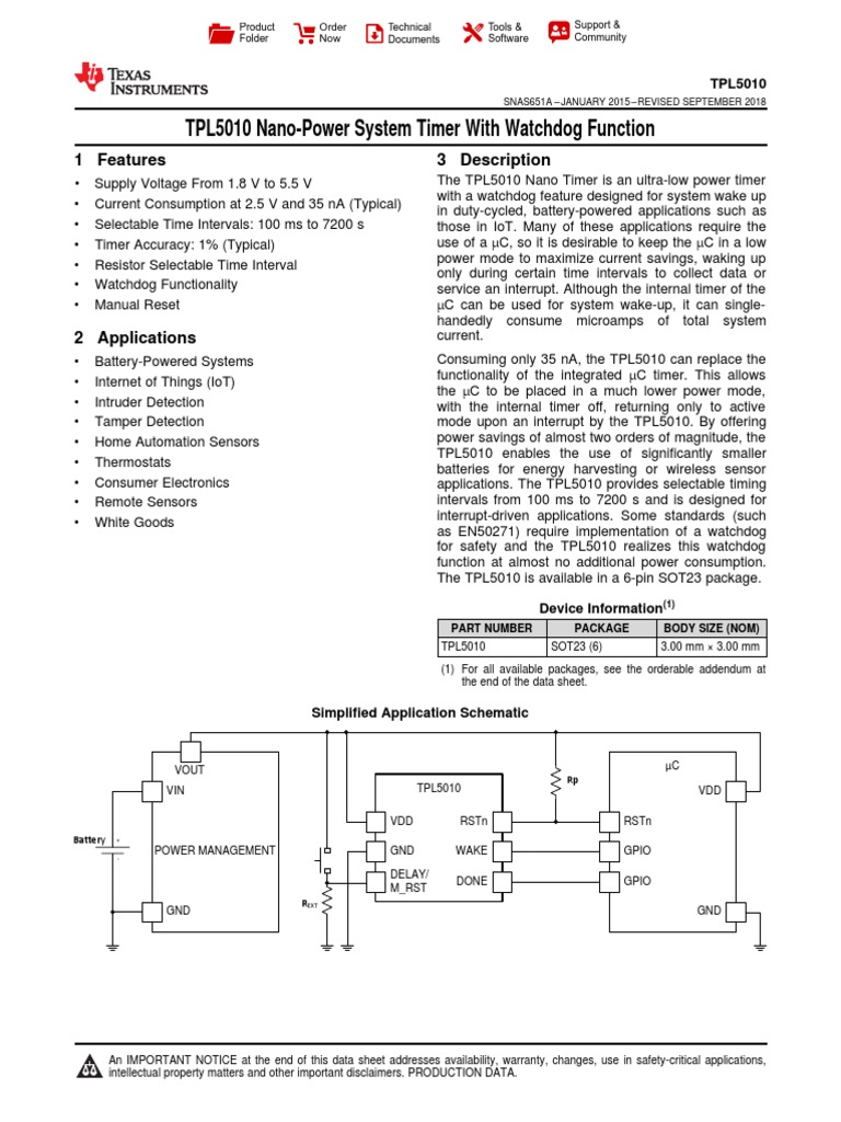 TPL5010 Nano-Power System Timer With Watchdog Function: 1 Features 3 ...
