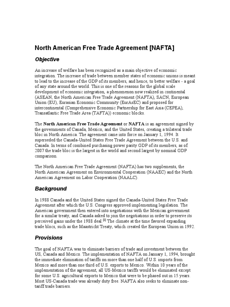 North American Free Trade Agreement (NAFTA) : Objective | PDF | North ...