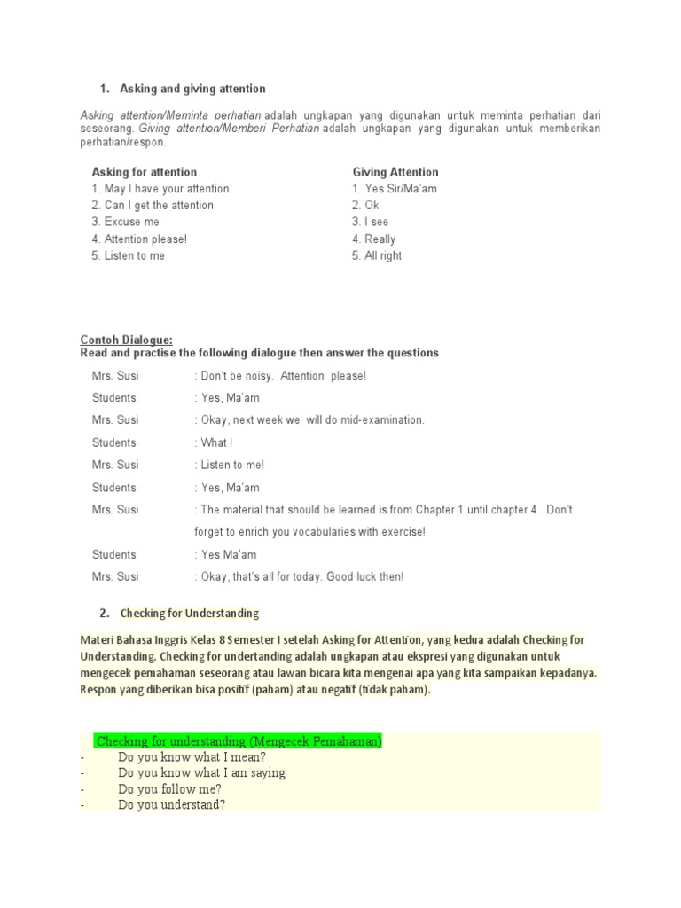Materi (Asking and Giving Attention) Dan Materi (Checking For ...