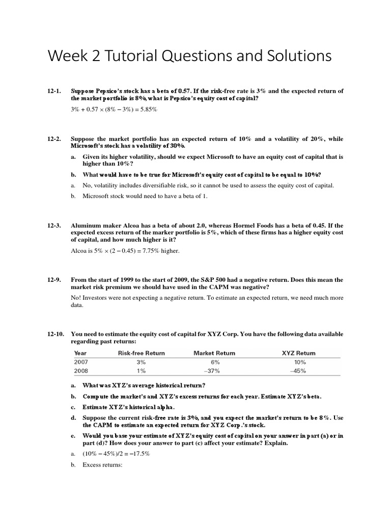 Week 2 Tutorial Questions and Solutions | PDF | Cost Of Capital | Beta (Finance)