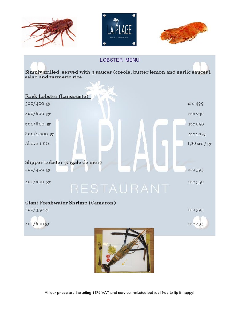 La Plage Menu Lobster, Camaron Shrimps, Seafood Platter, Mussels ...
