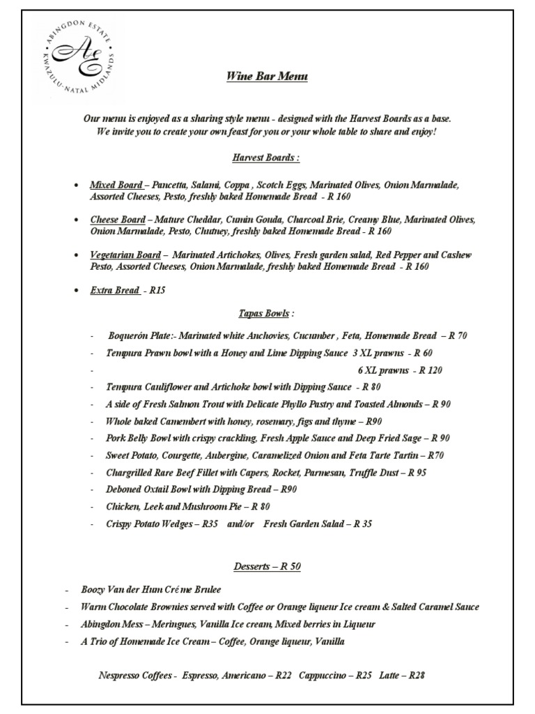 Wine Bar Menu: Our Menu Is Enjoyed As A Sharing Style Menu | PDF ...