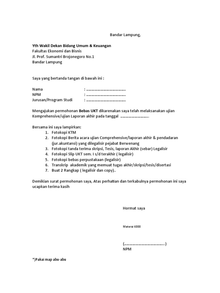 Contoh Surat Permohonan-Bebas-Ukt-Karena-Telah-Ujian-Kompre-Ujian-Laporan-Akhir | PDF | Komputer ...