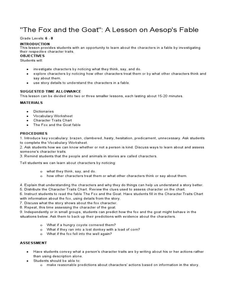 The Fox and The Goat | PDF | Fable | Lesson Plan