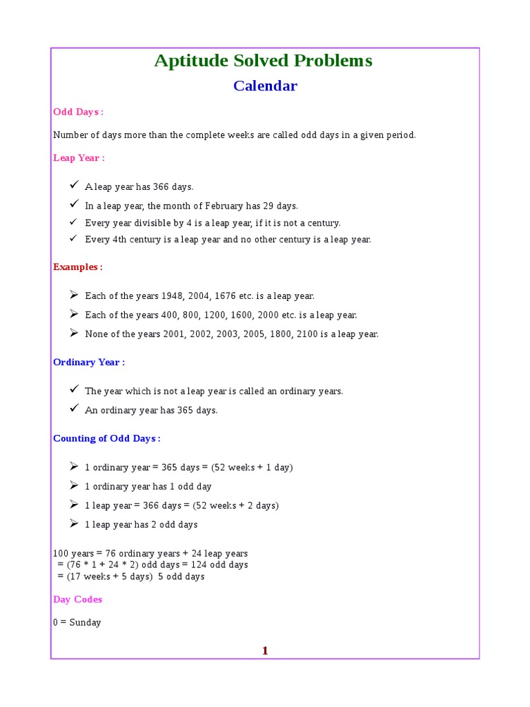 Aptitude Solved Problems: Calendar | PDF | Teaching Methods & Materials