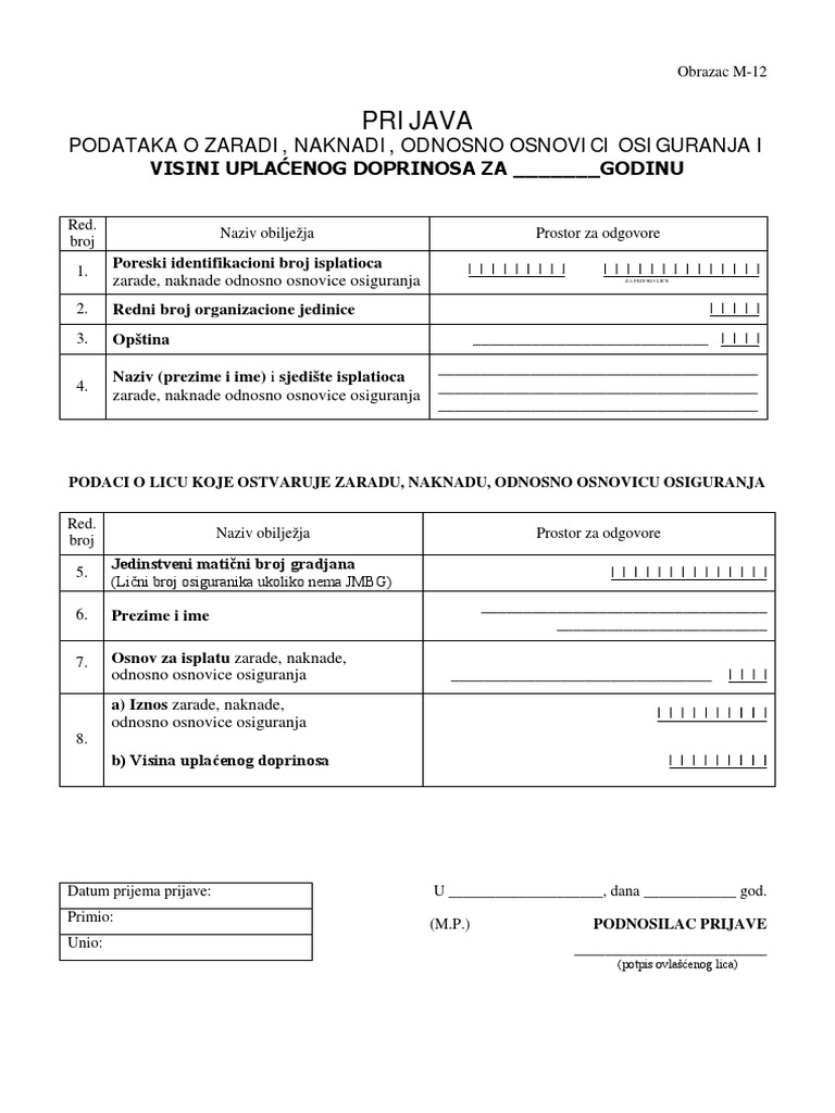 M12 Obrazac | PDF