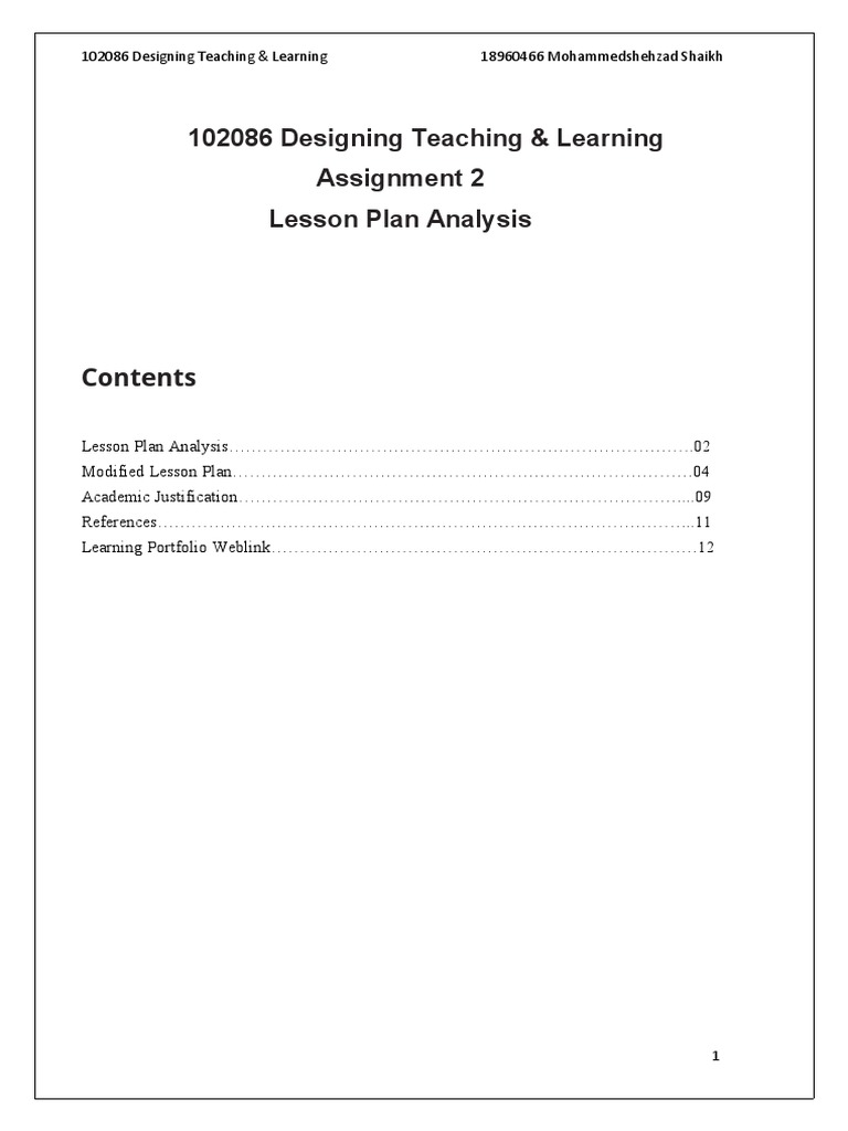 Designing Teaching & Learning Assignment 2 Lesson Plan Analysis | PDF ...