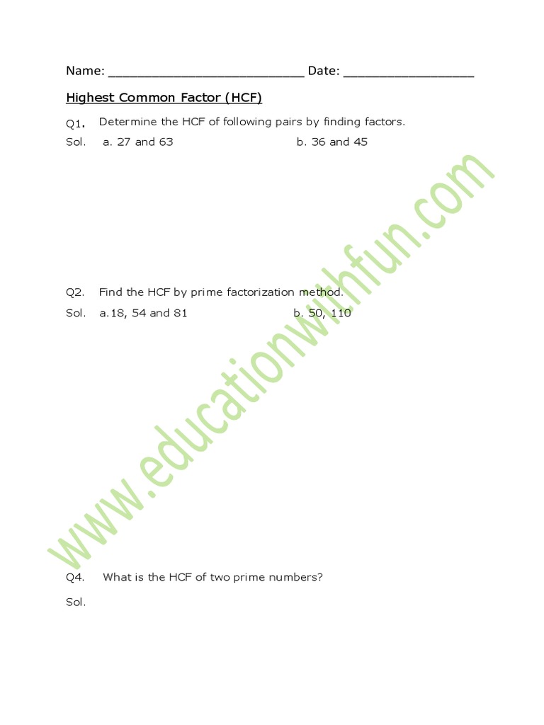 Highest Common Factor (HCF) Worksheet 1 | PDF