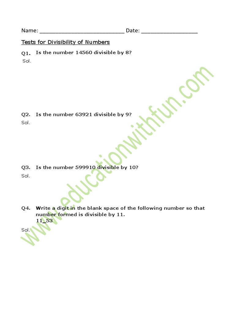 Tests For Divisibility of Numbers Worksheet 3 | PDF