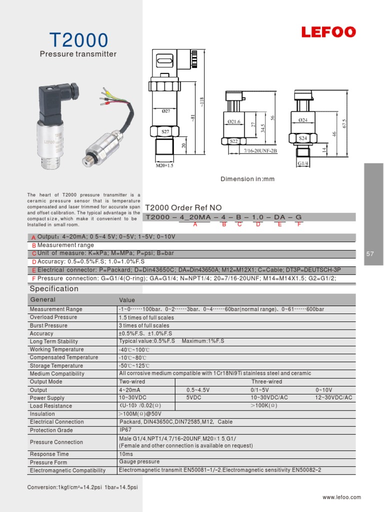T2000 Pressure Transmitter Overview | PDF | Electrical Connector | Celsius