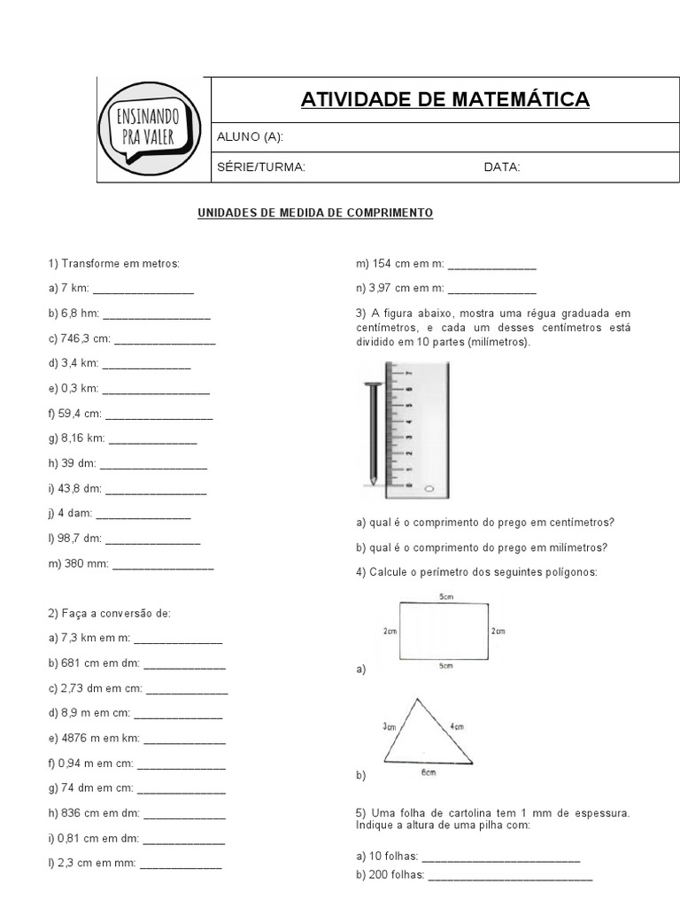 7o Ano - Exercício - MEDIDAS DE COMPRIMENTO - MODELO NOVO | PDF | Metro ...